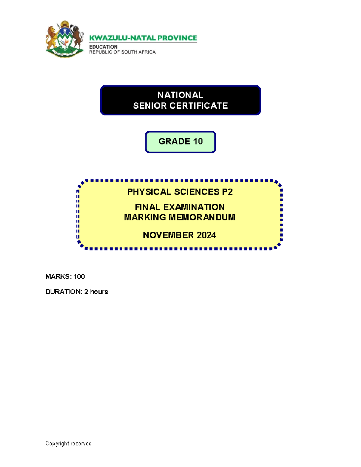 Grade 10 Nov 2024 P2 MG Verified - MARKS: 100 DURATION: 2 hours PHYSICAL SCIENCES P FINAL - Studocu