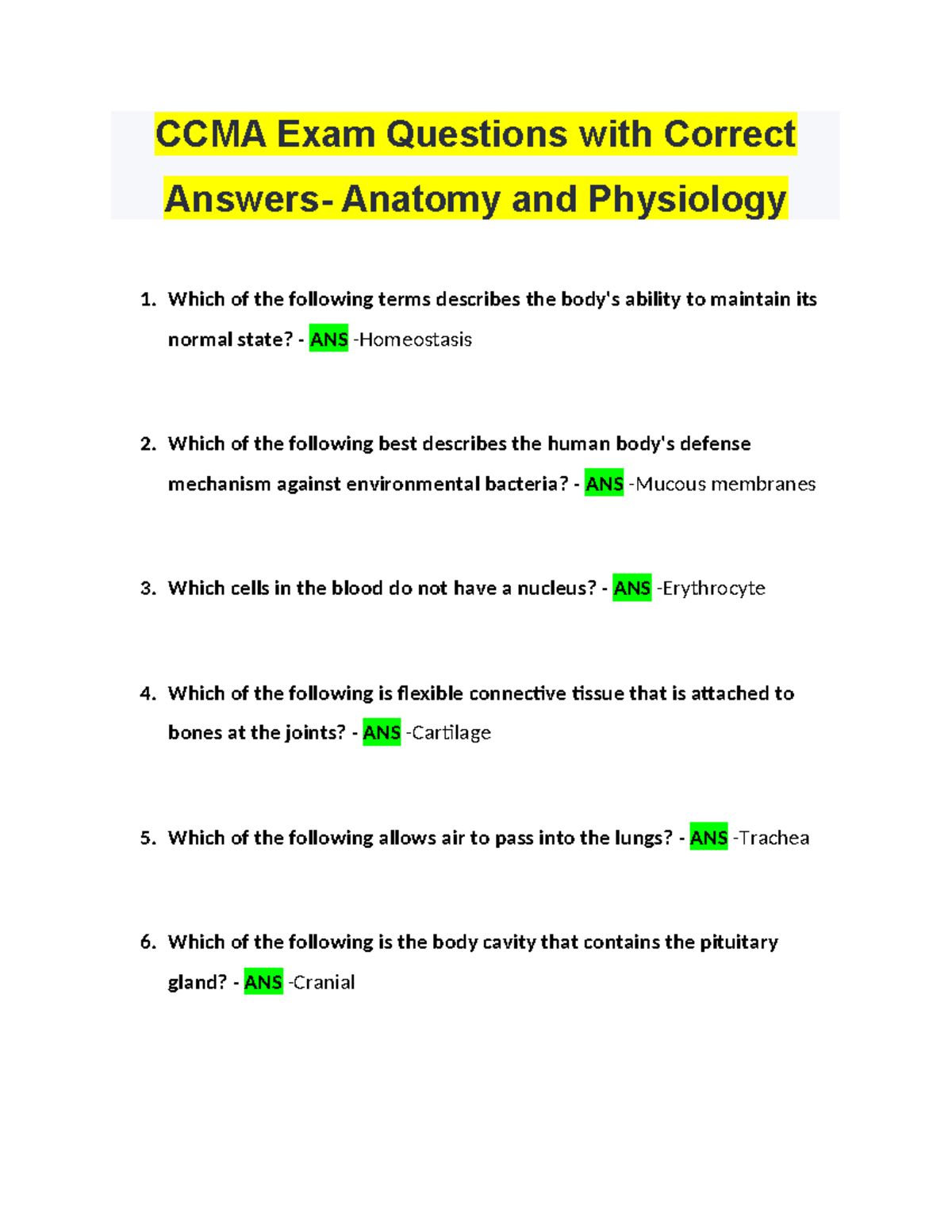 CCMA Exam Questions with Correct Answers - CCMA Exam Questions with ...