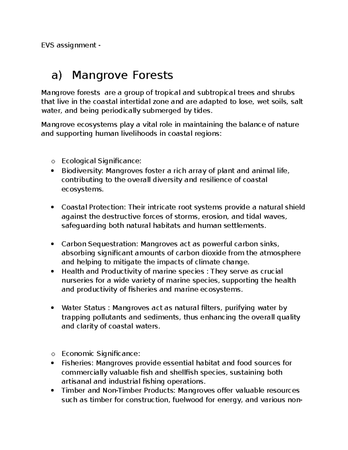 EVS assignment - Mangrove ecosystems play a vital role in maintaining ...