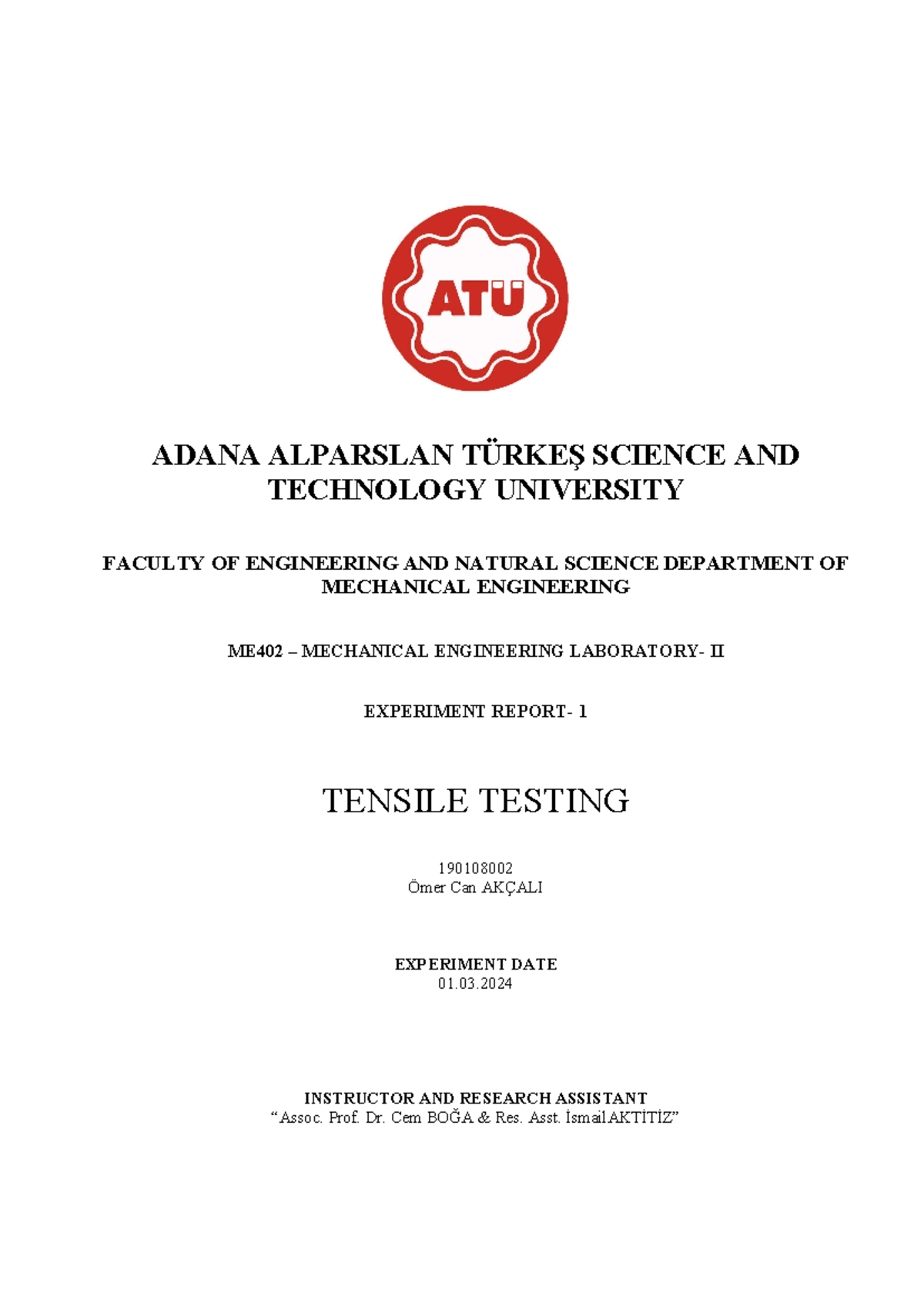 Tensile Testing - ADANA ALPARSLAN TÜRKEŞ SCIENCE AND TECHNOLOGY ...