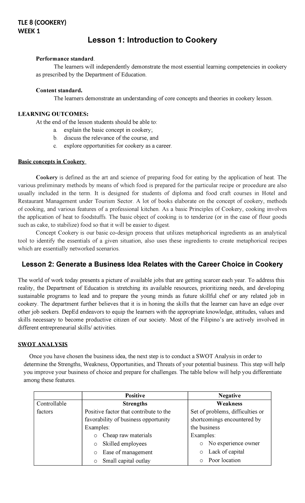 COOKERY - 8 WEEK 1 - 3 - TLE 8 (COOKERY) WEEK 1 Lesson 1: Introduction ...
