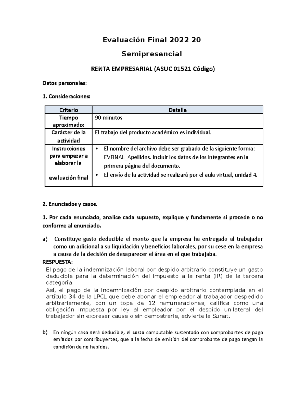 Ev Final Renta Empresarial sustitutorio - Evaluación Final 2022 20 Semipresencial RENTA ...
