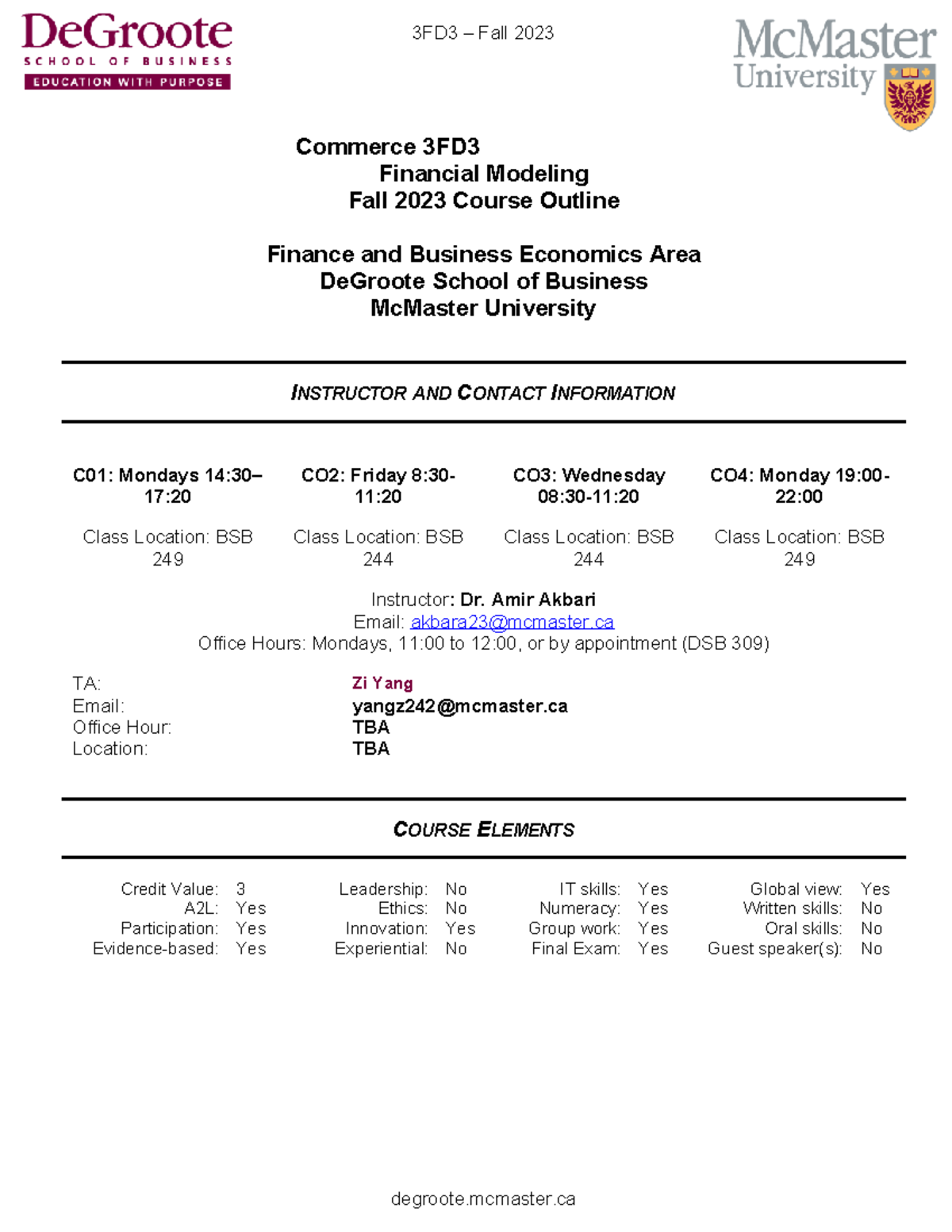 3FD3 Fall2023 Akbari 1 - Course Outline - Commerce 3FD Financial ...