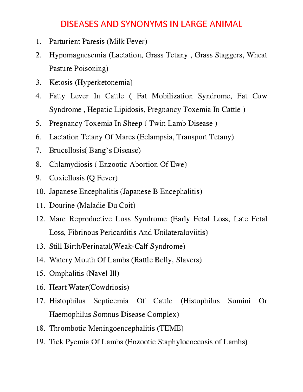 Diseases AND Synonyms - Parturient Paresis (Milk Fever) Hypomagnesemia ...