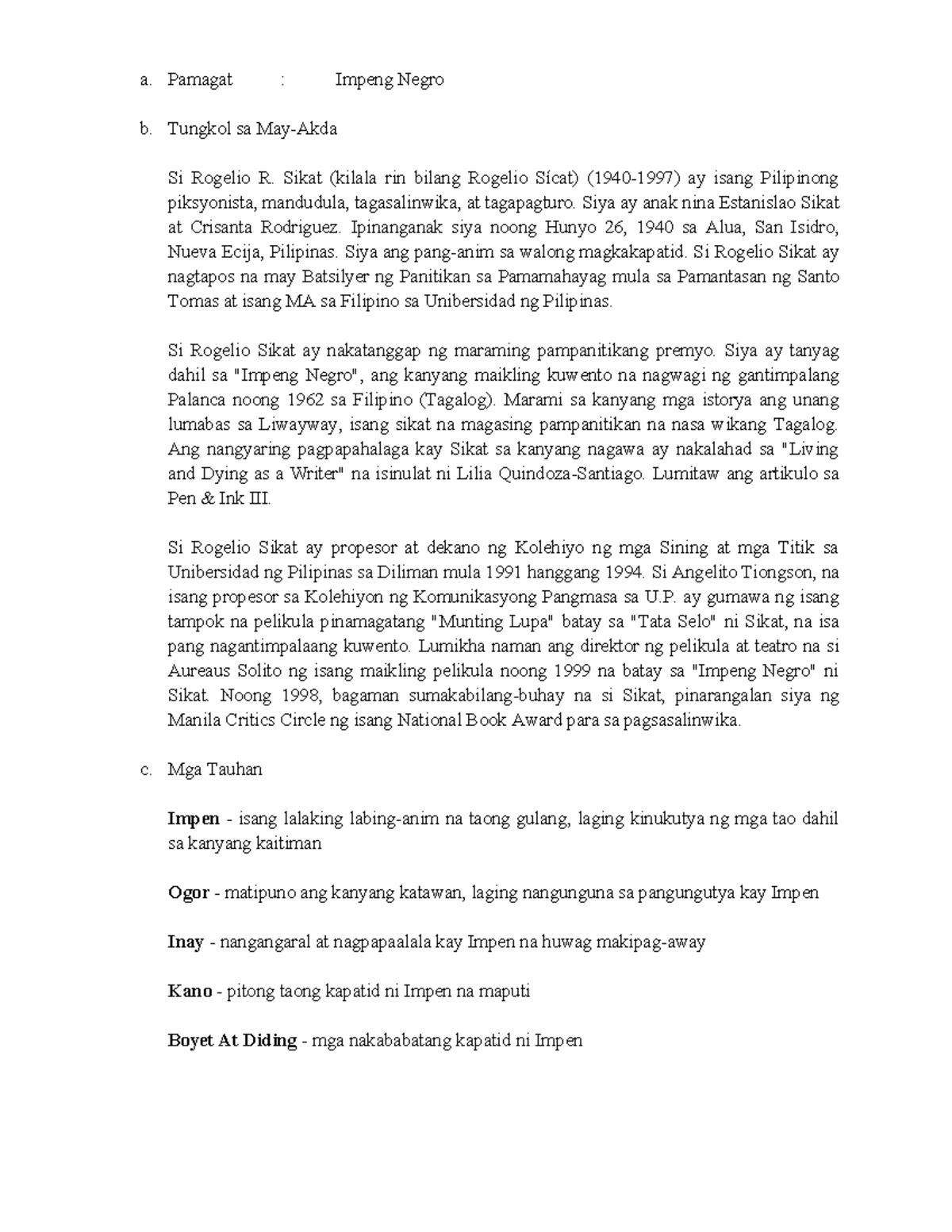 428067170-Impeng-Negro - a. Pamagat : Impeng Negro b. Tungkol sa May ...