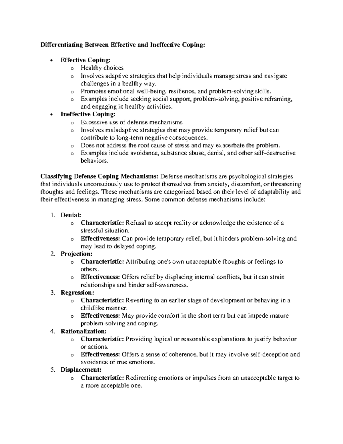 Stress and Defense Mechanisms - Notes - Differentiating Between ...