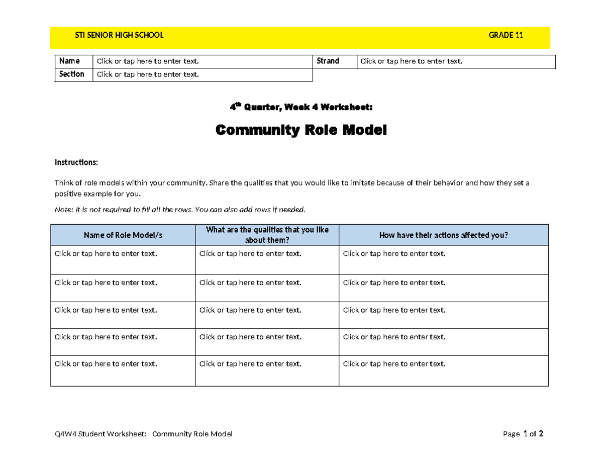 G11Q4W4 Worksheet - Community Role Model - Name Click or tap here to ...