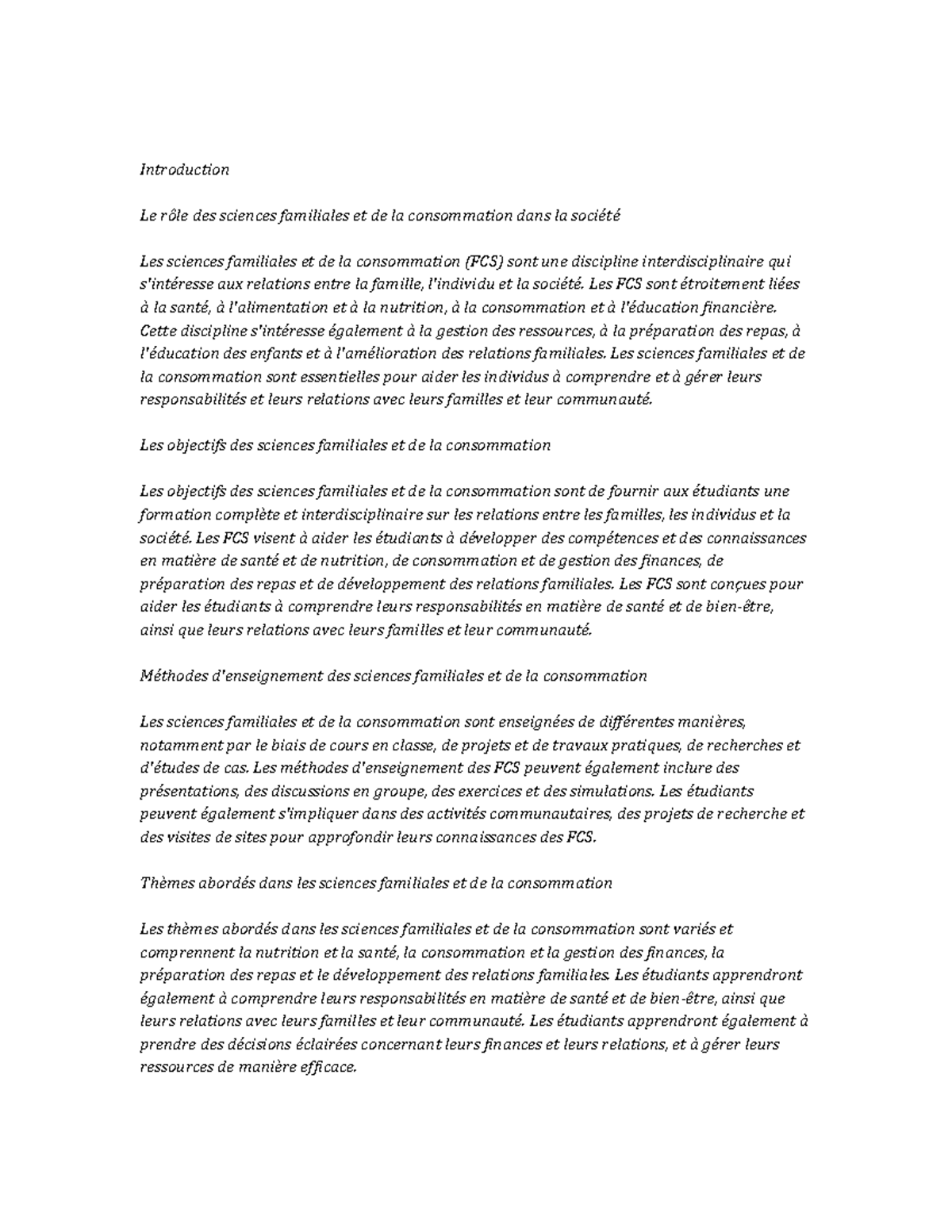 Family and Consumer Sciences Study Notes - Introduction Le rôle des ...