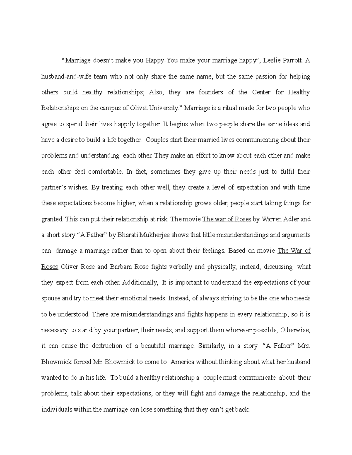 Marriage Essay 2nd one - make you make your marriage Leslie Parrott. A ...