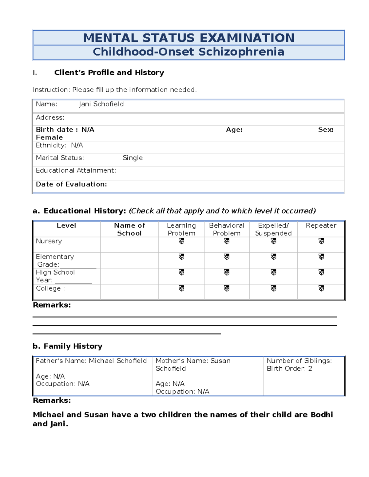 MSE Childhood- Onset- Schizophrenia-edited - MENTAL STATUS EXAMINATION ...