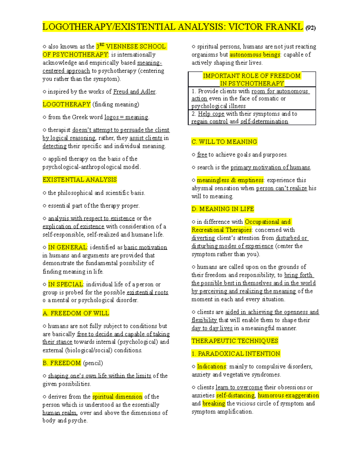 Victor Frankl - Summary Introduction to Psychology - LOGOTHERAPY/EXISTENTIAL ANALYSIS: VICTOR ...