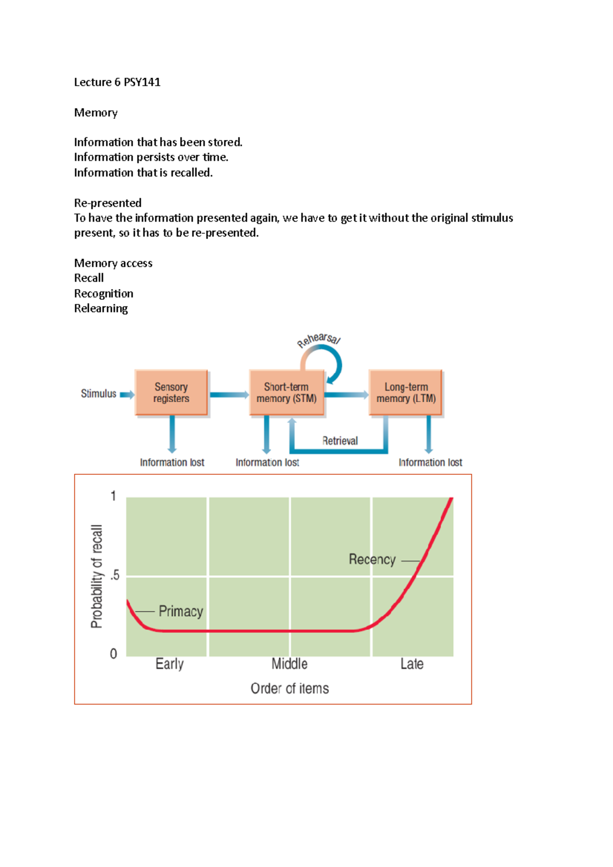 Lecture 6 Psy141 Lecture 6 Psy Memory Information That Has Been