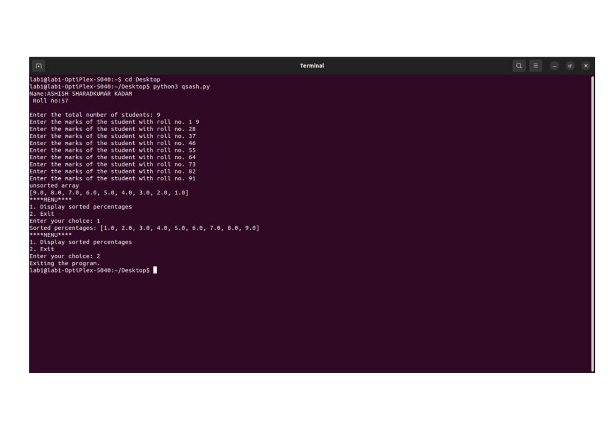 code output of the FDS practical - Terminal cd Desktop python3 qsash ...