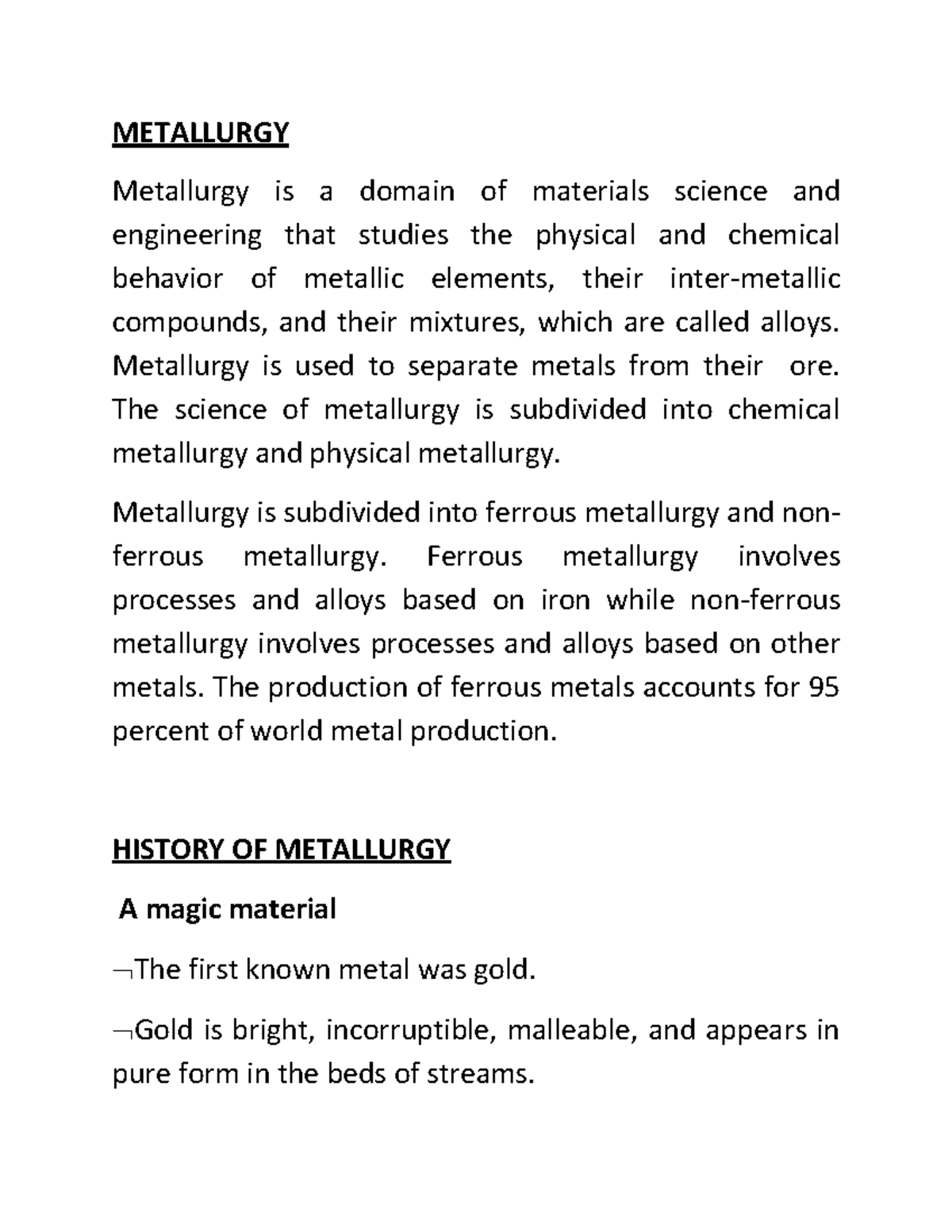 MET 212 study note for proper knowledge - METALLURGY Metallurgy is a ...