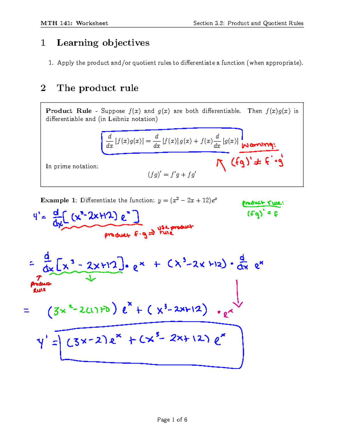 MTH 141 -SECTION 3.2 - 1 Learning objectives 1. Apply the product and/or quotient rules to - Studocu