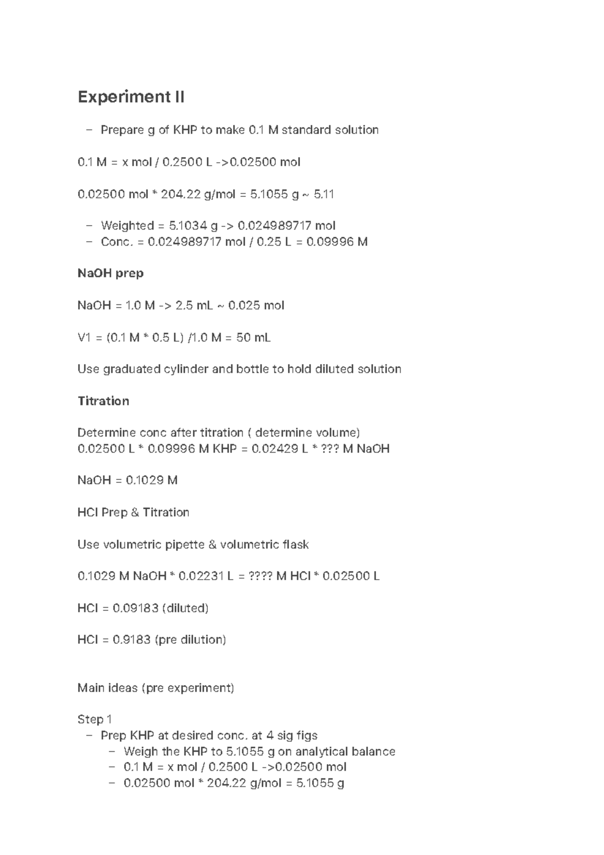 Experiment 1 Chem 121 - – – – – – – – Experiment II Prepare g of KHP to ...