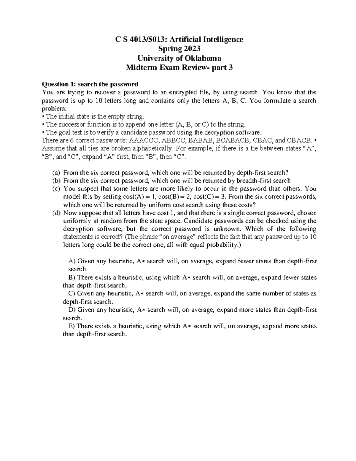 CS4013 5013 SP2023 midterm review part3 - C S 4013/5013: Artificial Intelligence Spring 202 3 ...