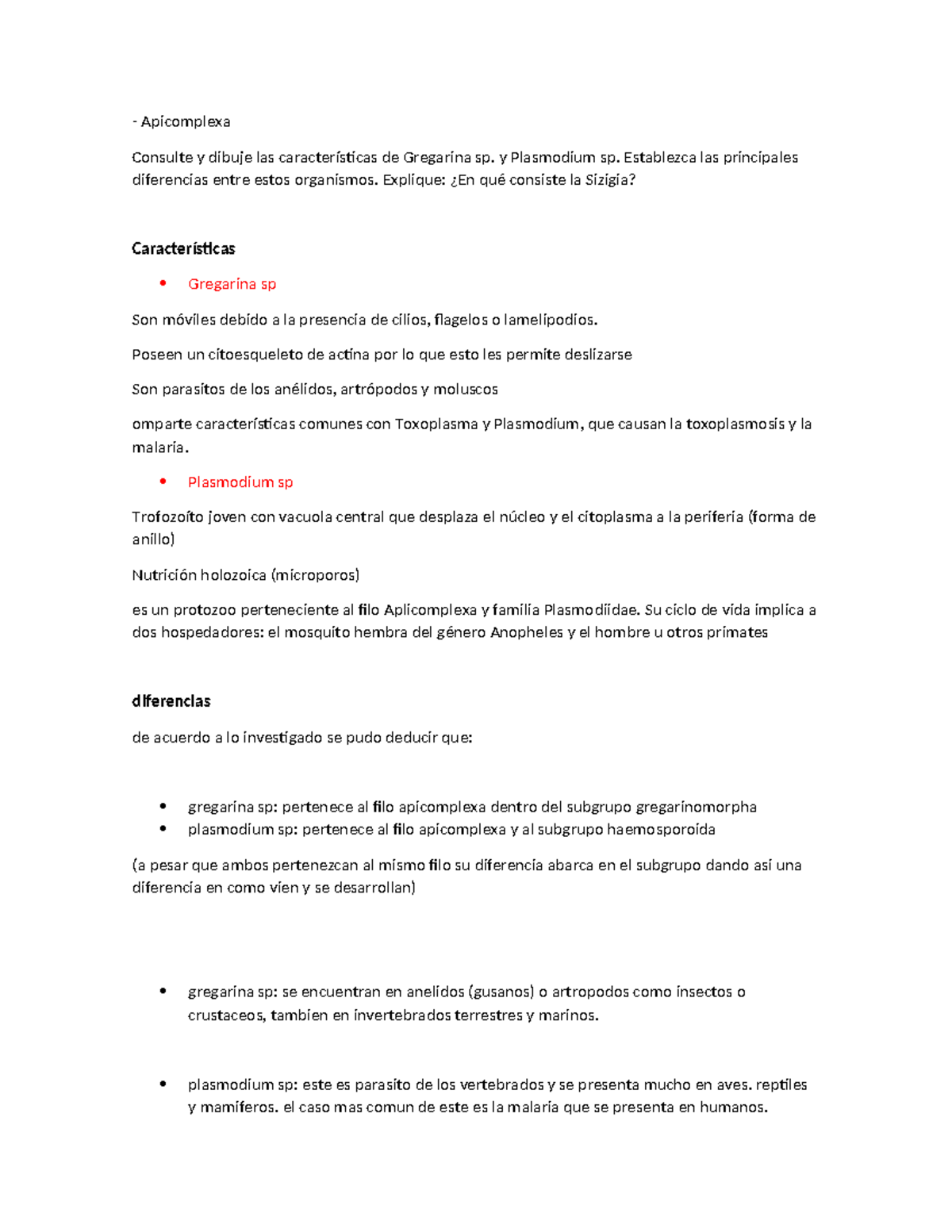 LAB ZOO 5 Protozoo - Apicomplexa Consulte y dibuje las características ...