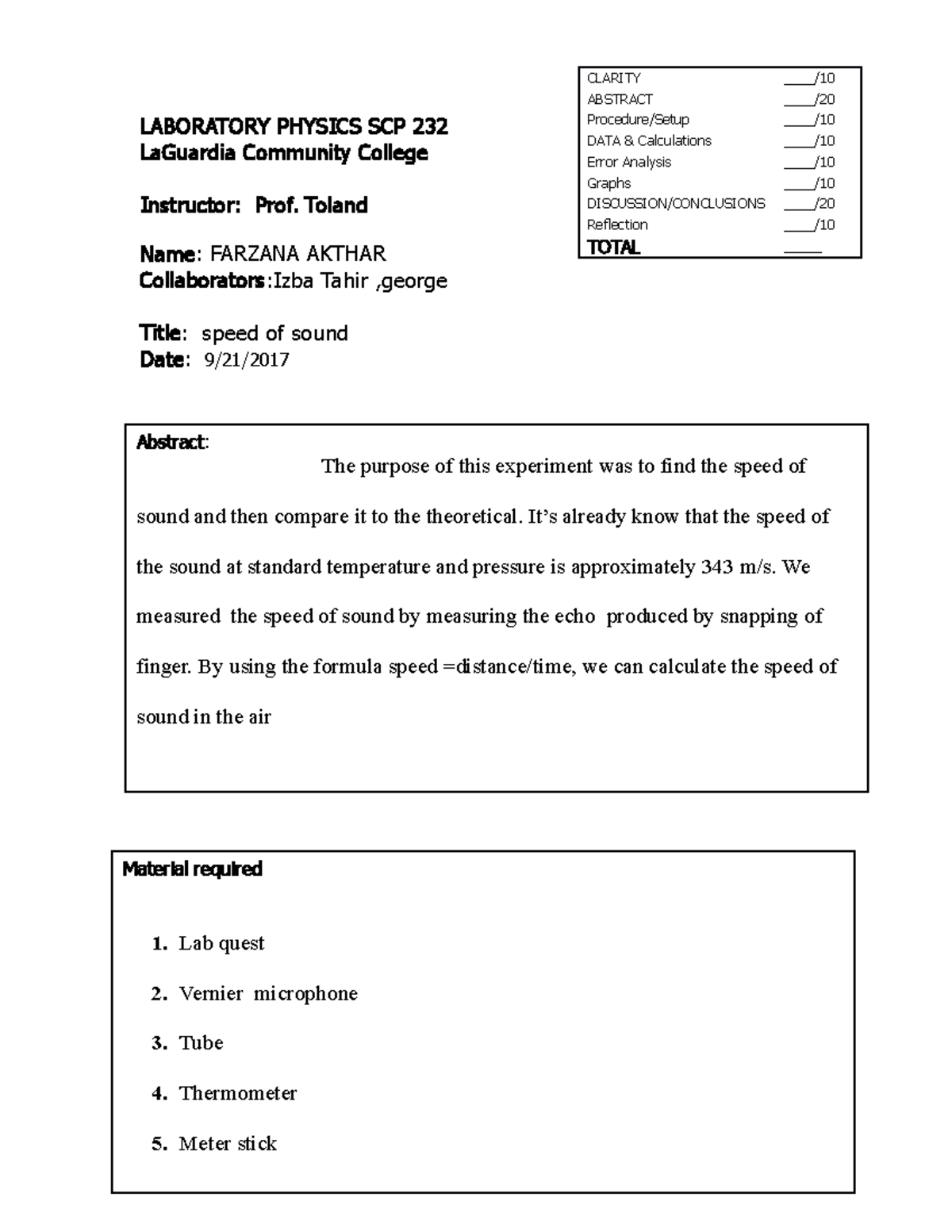 Scp232-speed of sound - LABORATORY PHYSICS SCP 232 LaGuardia Community ...