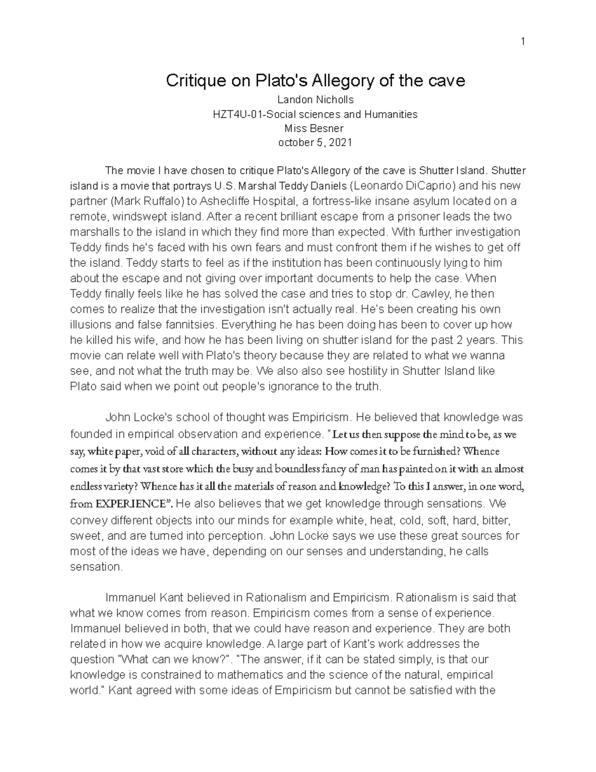 Critique on Plato's Allegory of the cave - 1 Critique on Plato's ...