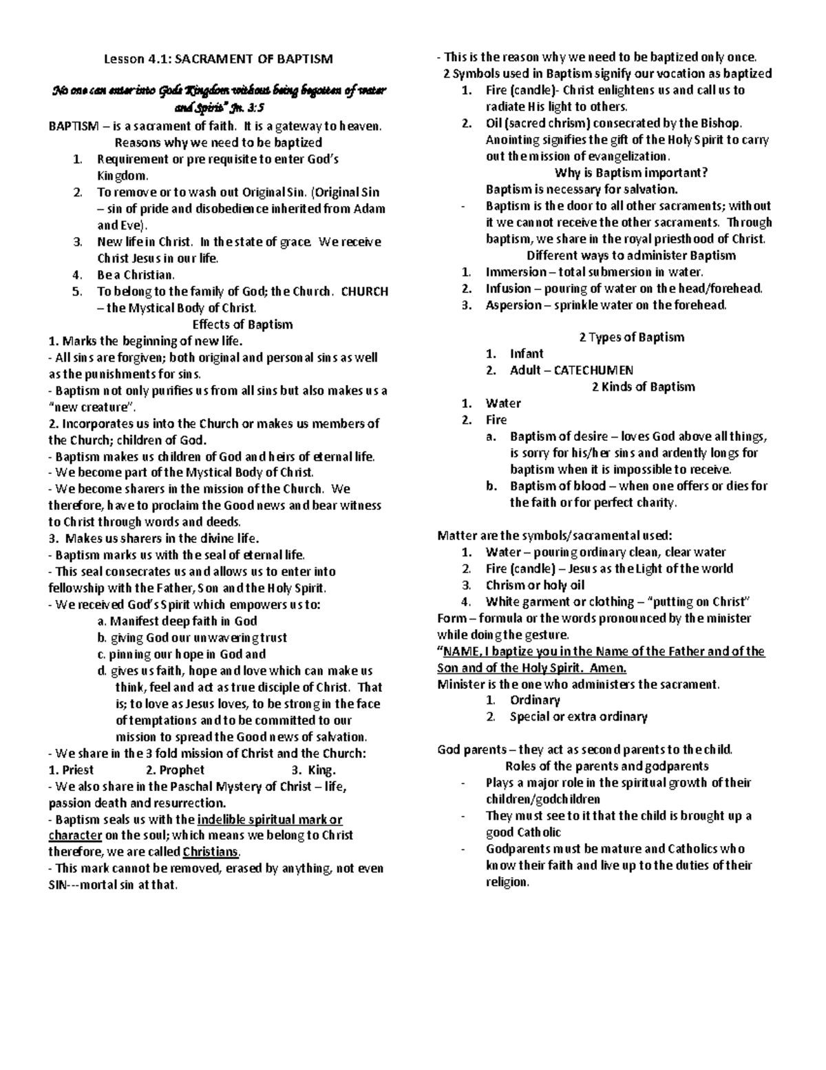 Baptism Lesson CLE - Lesson 4: SACRAMENT OF BAPTISM No one can enter ...