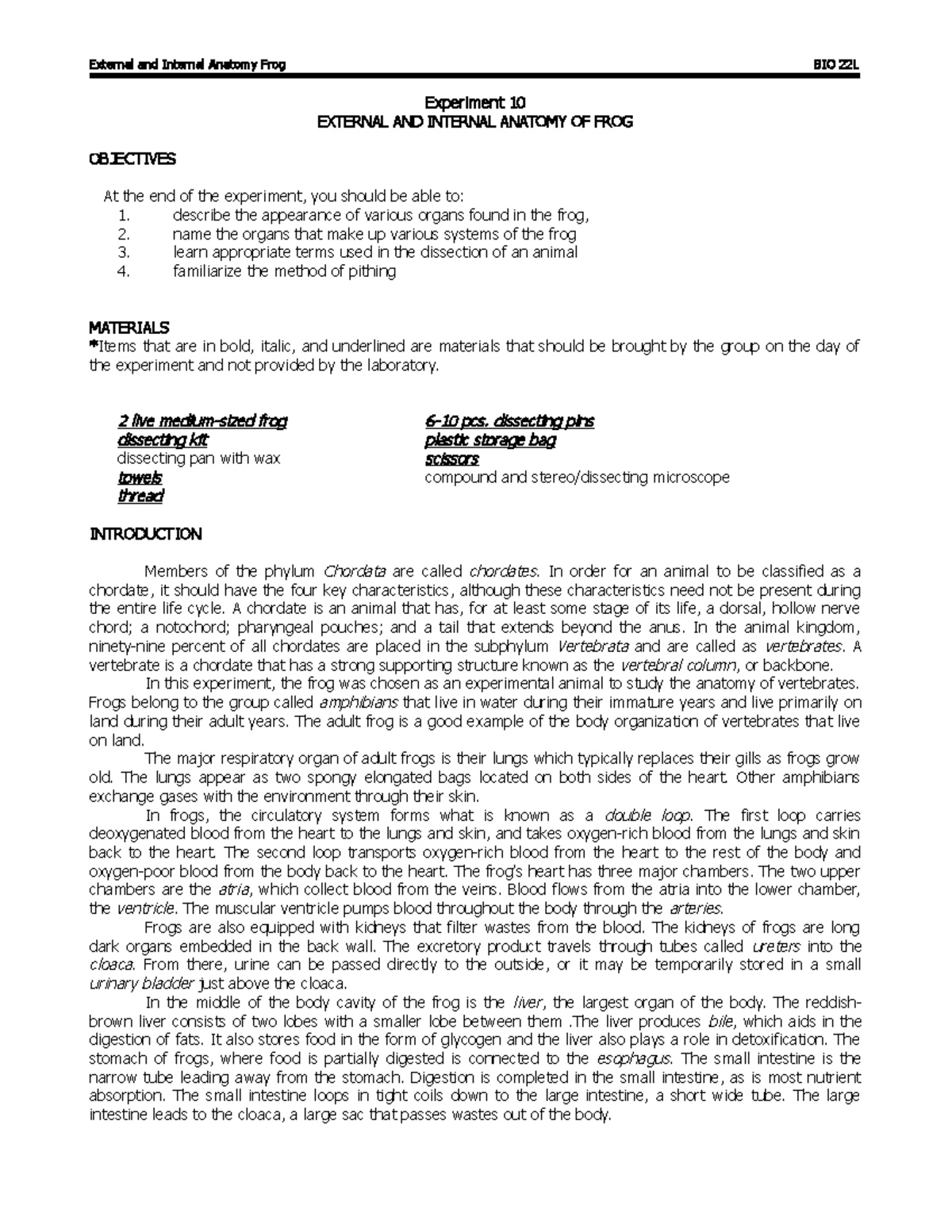 Experiment 10 external and internal anatomy of a frog - Experiment 10 ...