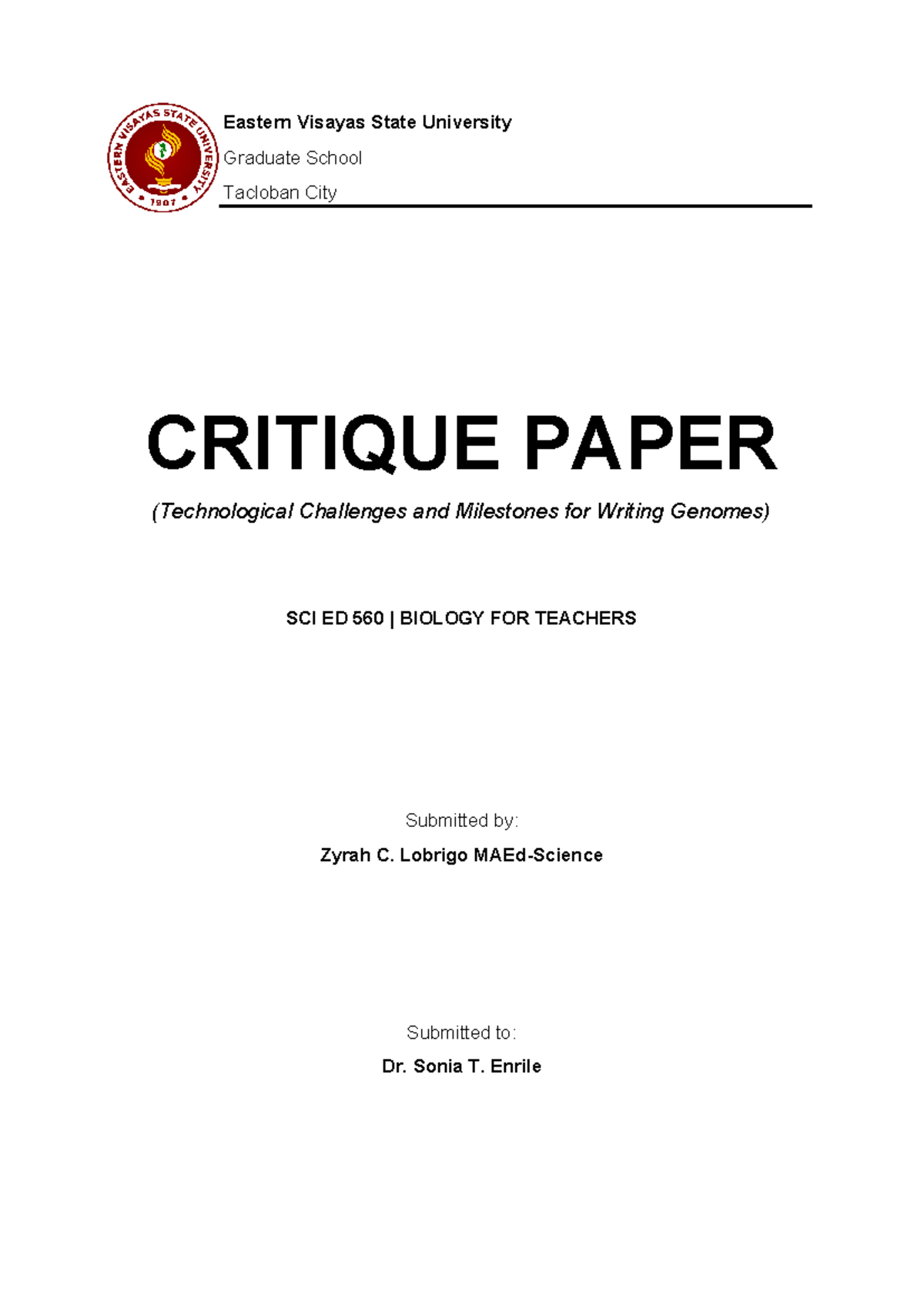Critique Paper - Eastern Visayas State University Graduate School ...