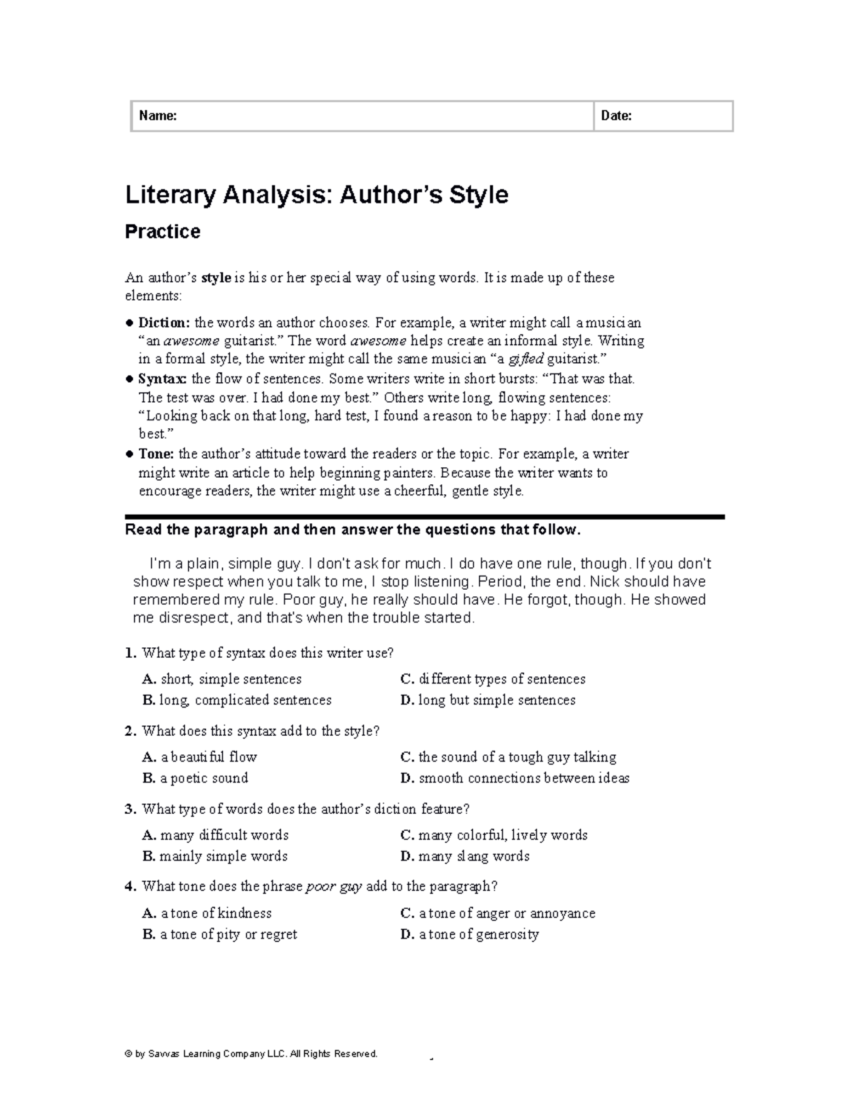 LIT17 ANC G9 LA Au St - Vvhhj - Name: Date: Literary Analysis: Author’s ...