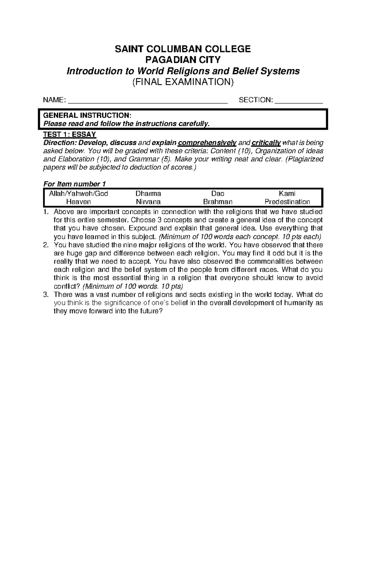 HUM 13 (Introduction to World Religions and Belief Systems) - Final ...