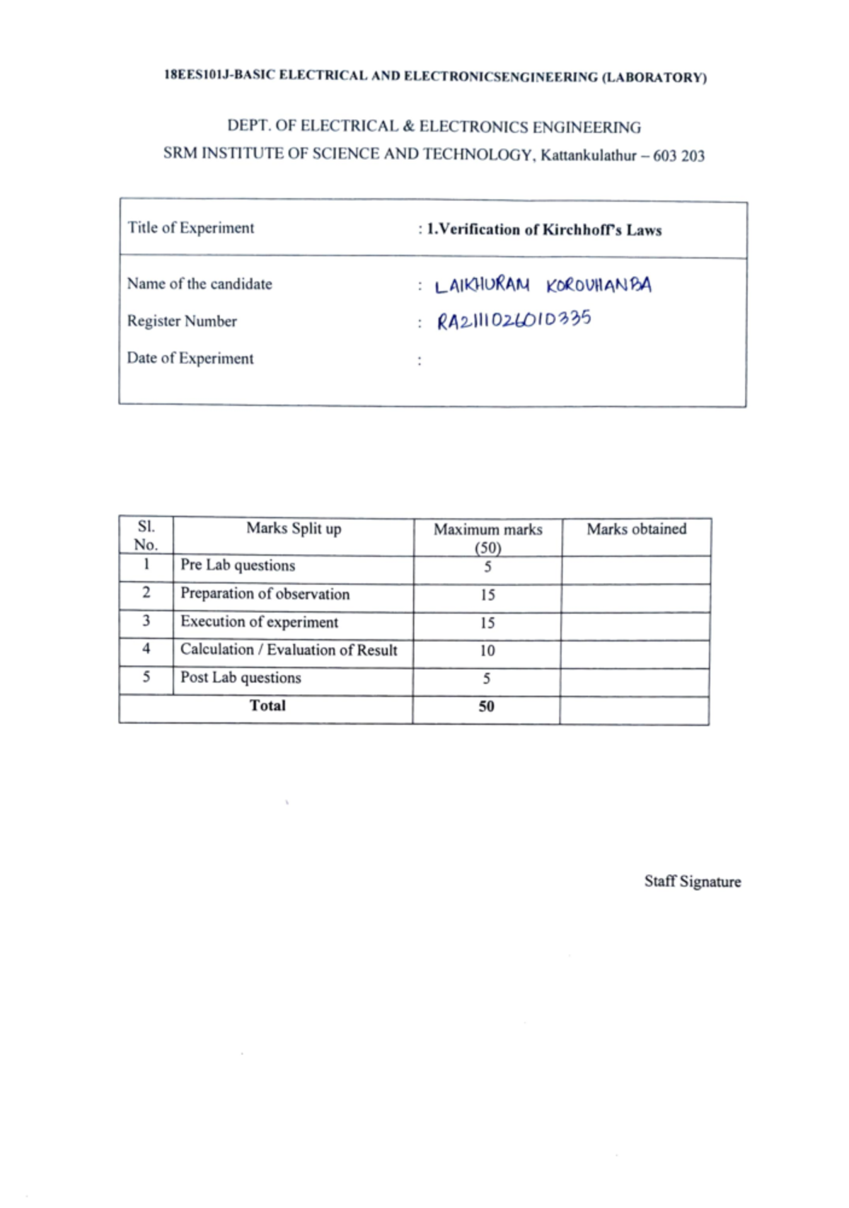 Bee exp. 1 - Basic Electrical And Electronics Engineering lab exp. 1 - Studocu