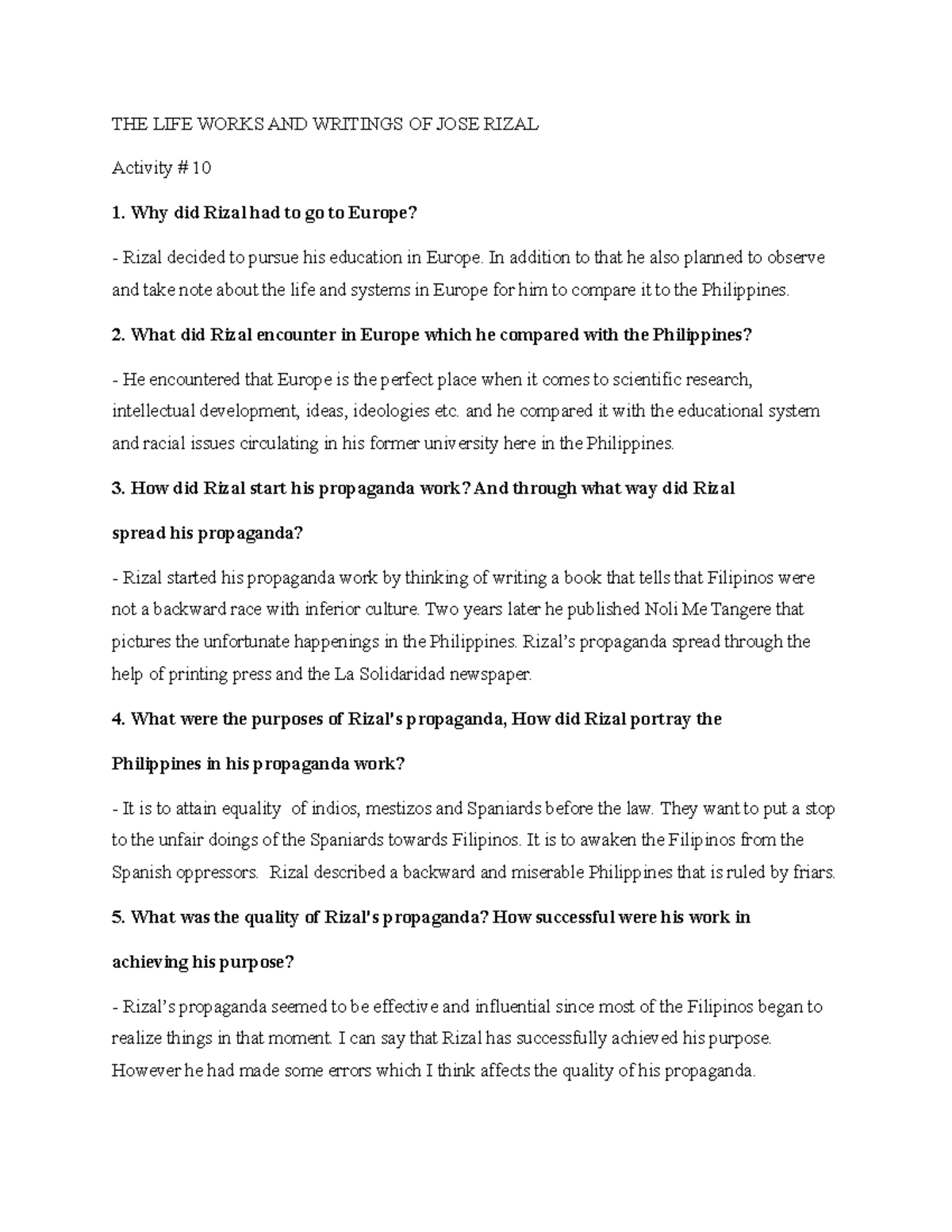 R10 - R10 RIZAL - THE LIFE WORKS AND WRITINGS OF JOSE RIZAL Activity ...