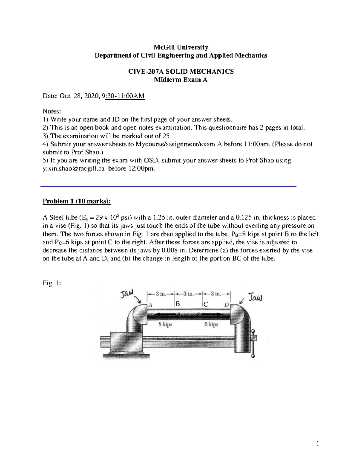 Midterm 2020F-solu - 1 McGill University Department of Civil Engineering and Applied Mechanics ...