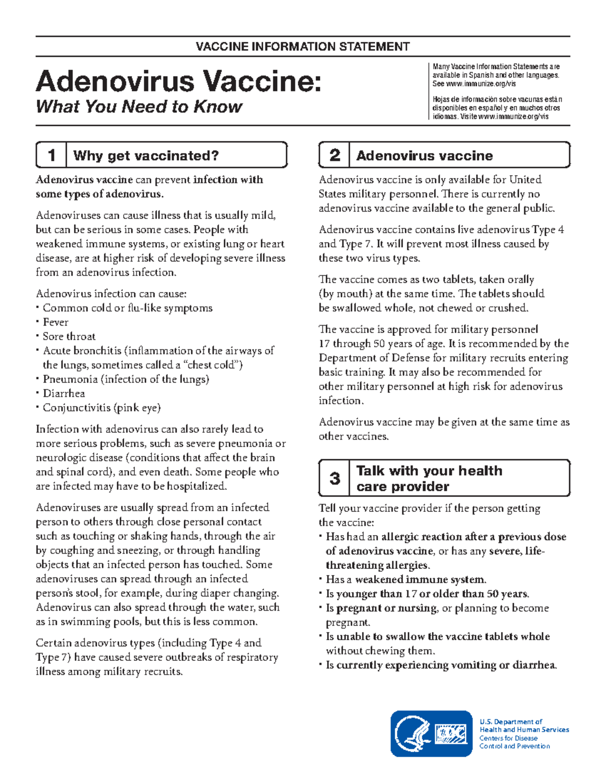 Adenovirus - cdc - VACCINE INFORMATION STATEMENT Many Vaccine ...