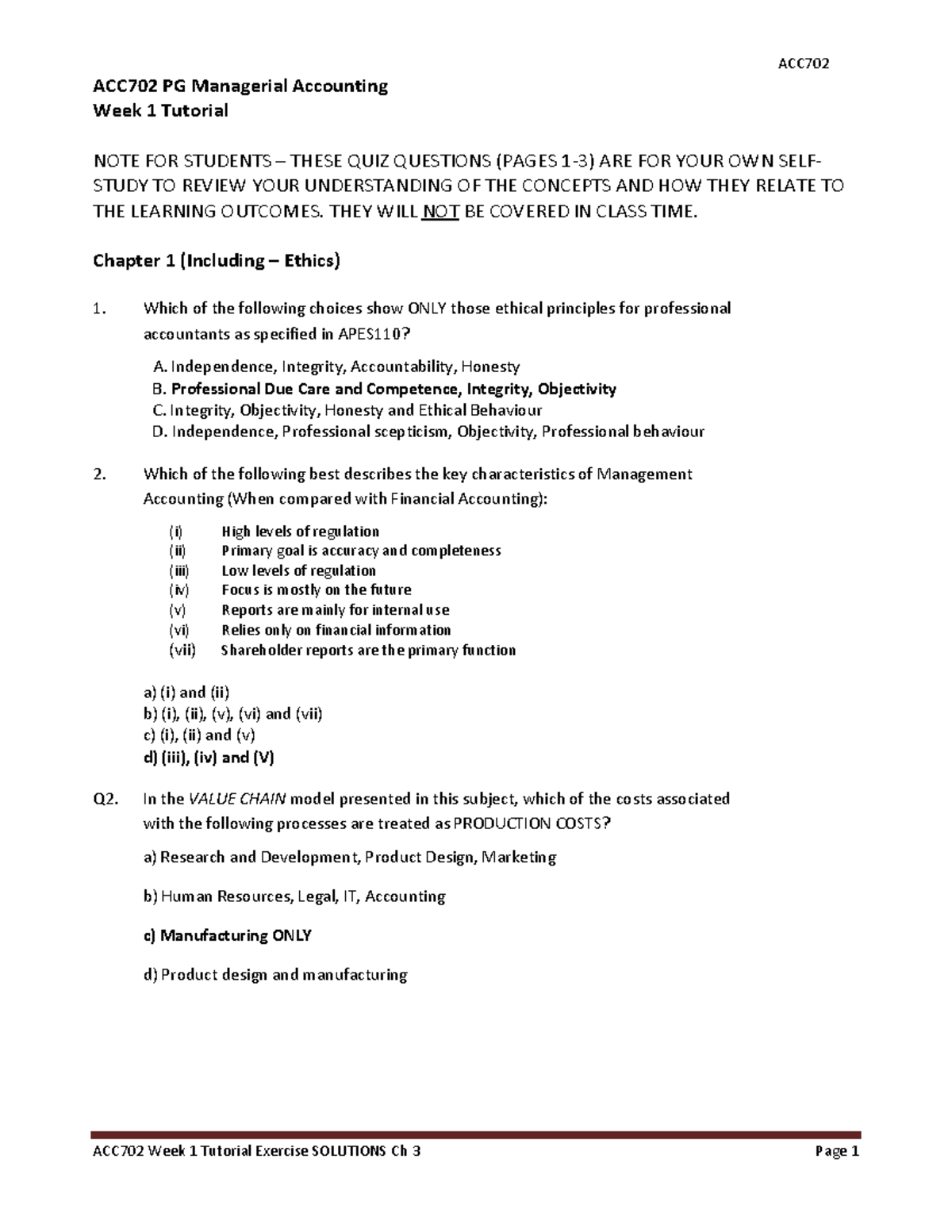 ACC702 Week 1 Tutorial Chs1-3 Cost Behaviour Suggested solutions ...