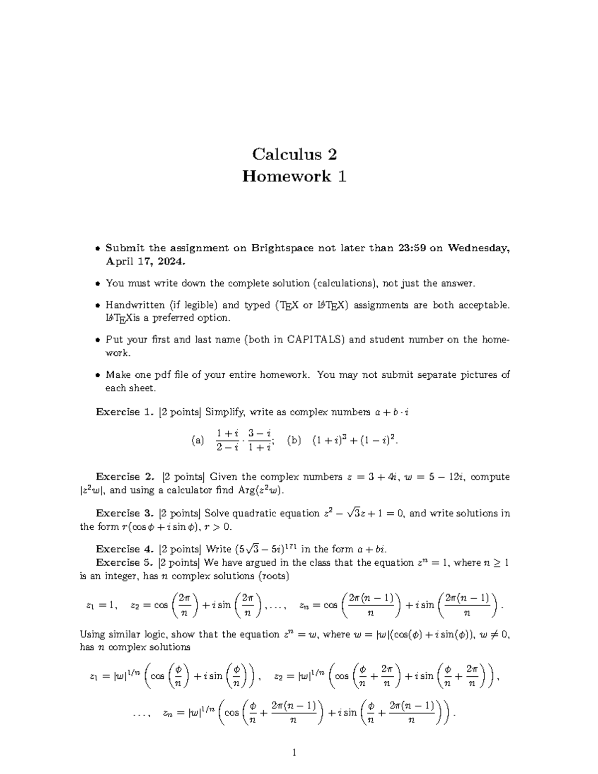 24-Homework 1-Complex - Calculus 2 Homework 1 Submit the assignment on ...
