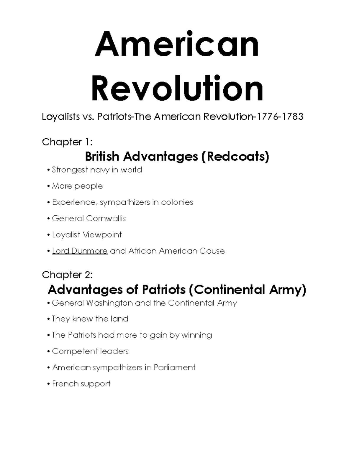 American Revolution Notes - Revolution Loyalists vs. Patriots-The ...