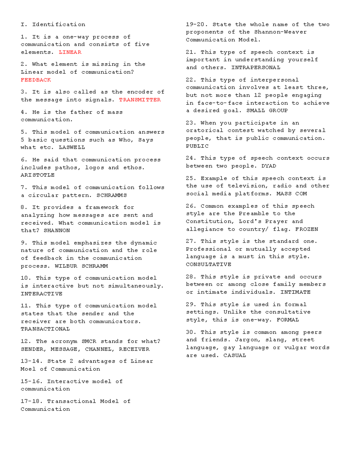 Summative QUIZ - Quiz on the five models of communiction - I ...
