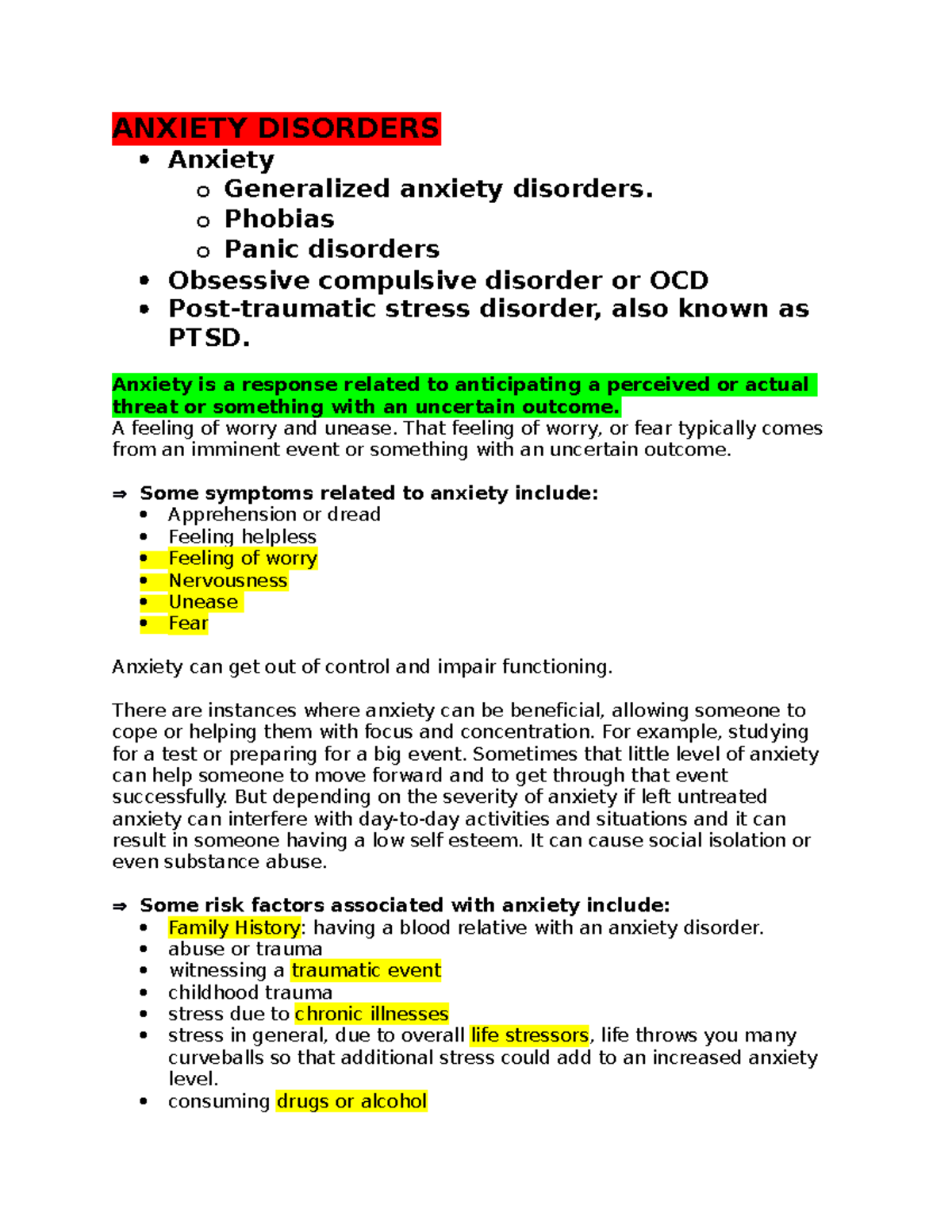 211 Lectures Notes - ANXIETY DISORDERS Anxiety o Generalized anxiety ...