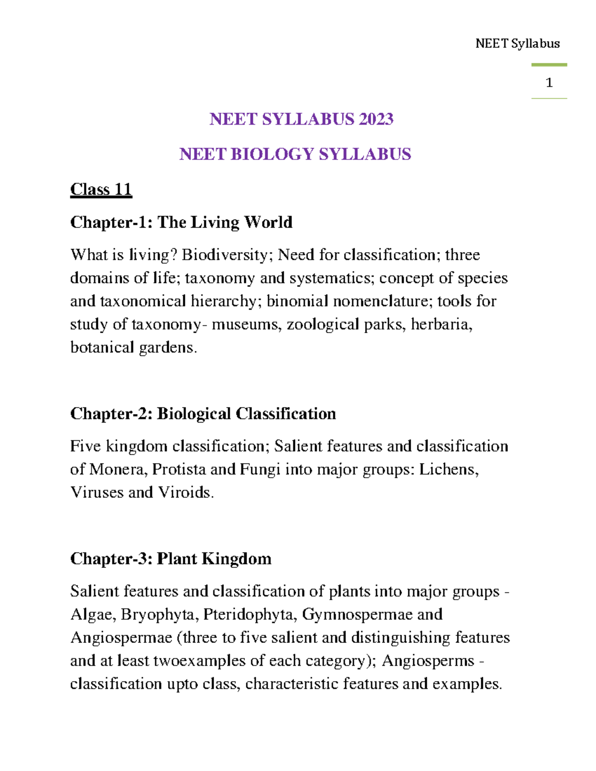 Neet-syllabus 2023 - hello - 1 Class 11 NEET SYLLABUS 2023 NEET BIOLOGY ...