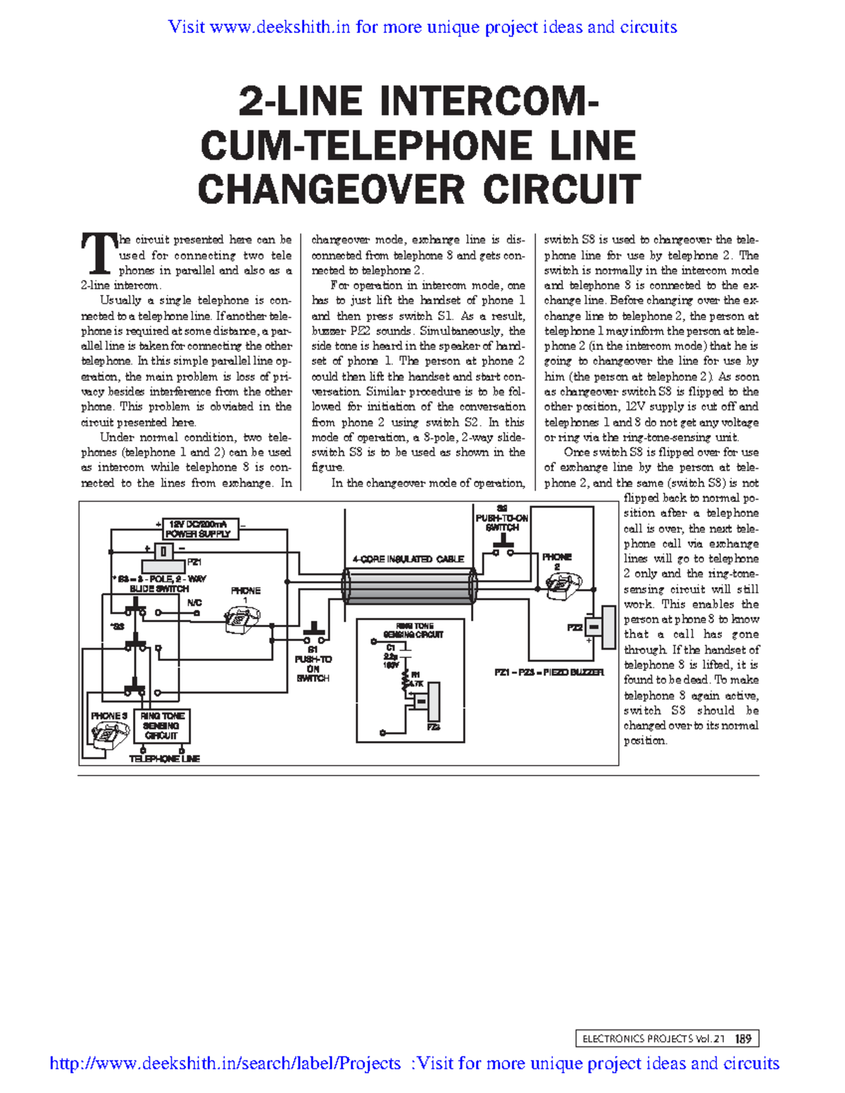 2-Line Intercom-Cum-Telephone Line Changeover Circuit ...
