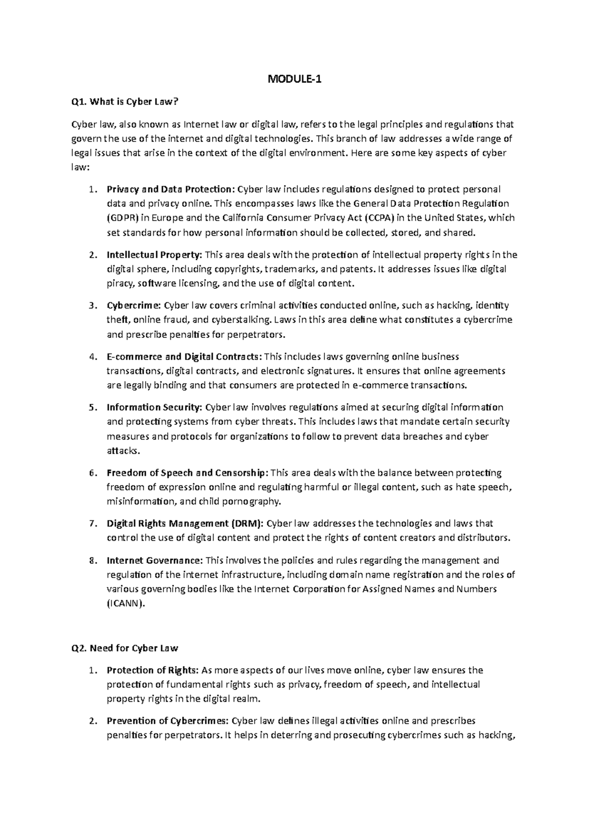 Cybersecurity and laws - MODULE- 1 Q1. What is Cyber Law? Cyber law ...