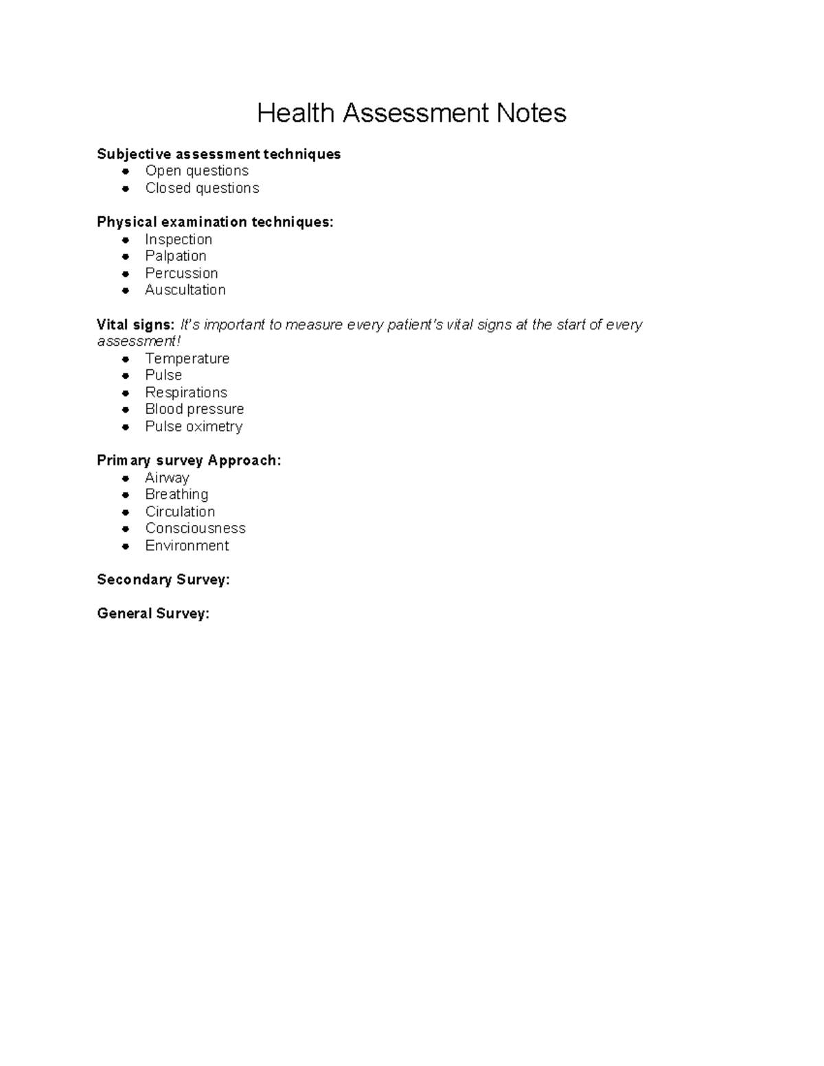 Health Assessment Notes - Health Assessment Notes Subjective assessment ...