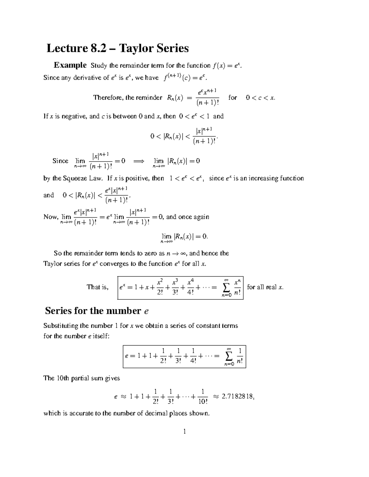 Summary Handout 8 - Lecture 8 – Taylor Series Example Study the ...
