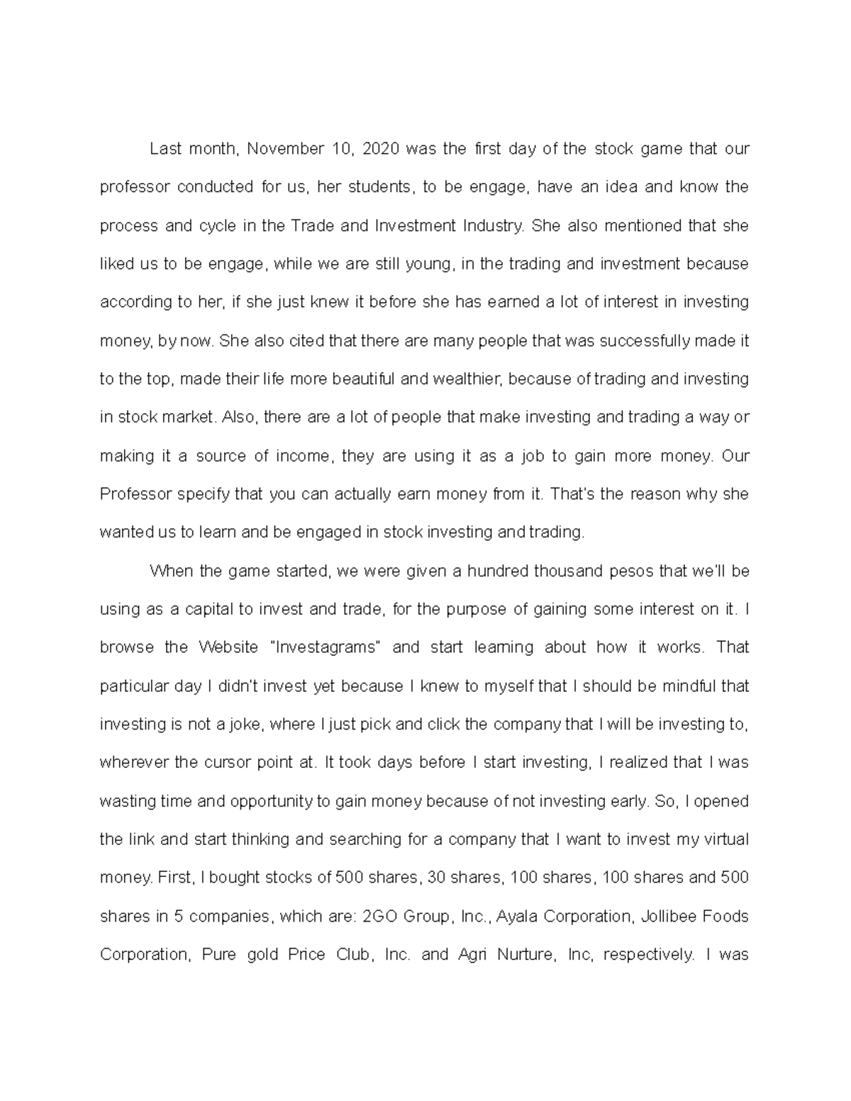 Narrative report in Practice of Investing in market securities ...