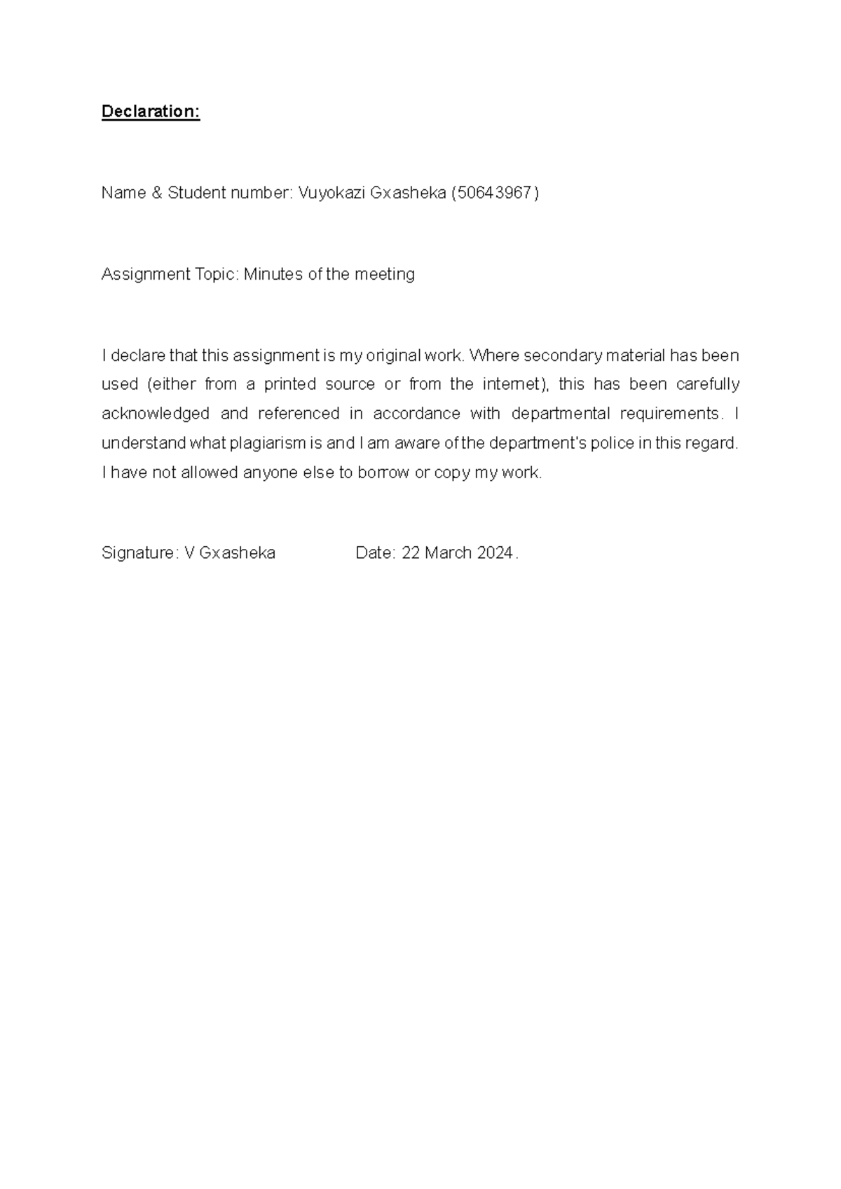 ENN Assignment 1 - Declaration: Name & Student number: Vuyokazi Gxasheka (50643967) Assignment ...