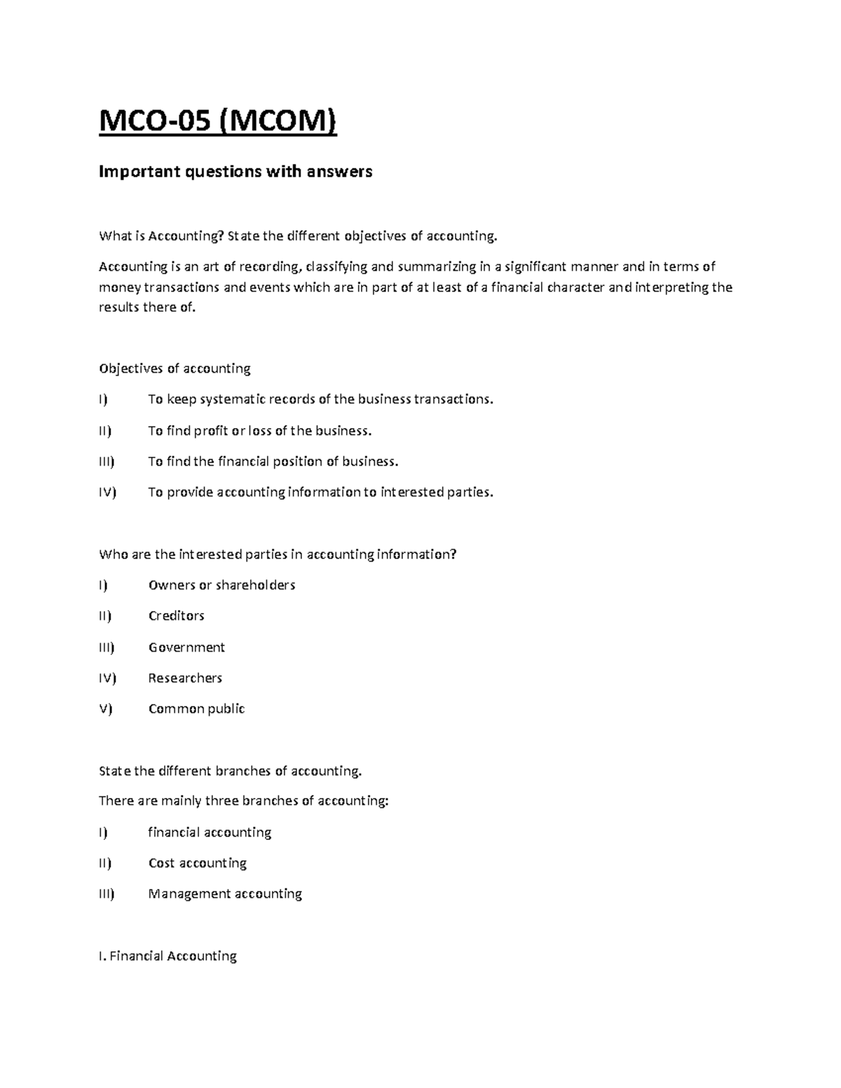 Mco 5 - MCO-05 (MCOM) Important questions with answers What is Accounting? State the different ...