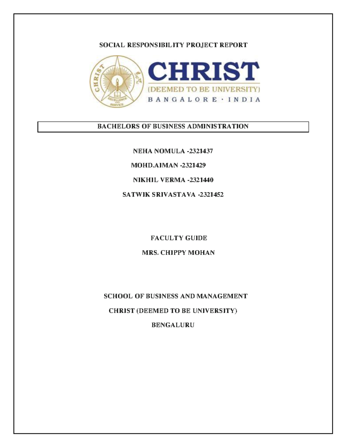 SRP - SRPP - SOCIAL RESPONSIBILITY PROJECT REPORT BACHELORS OF BUSINESS ADMINISTRATION NEHA ...