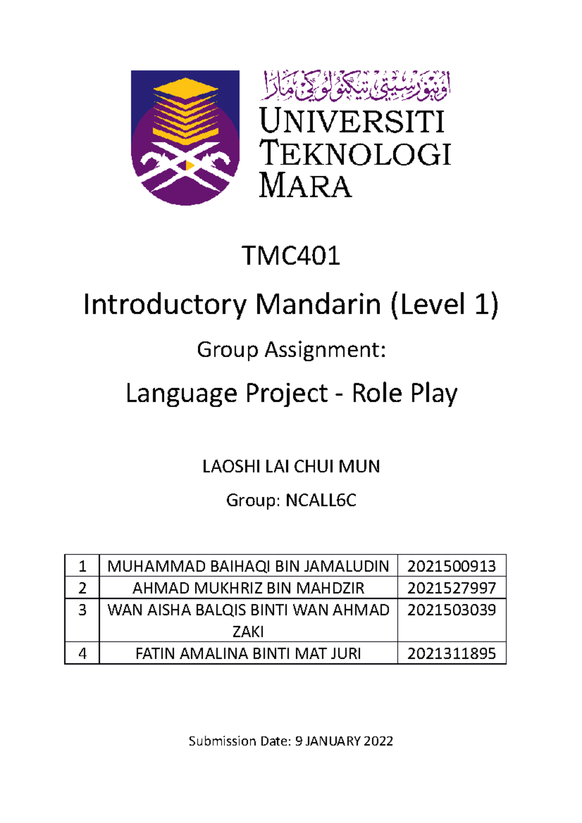 TMC401 mandarin 4person - TMC Introductory Mandarin (Level 1) Group Assignment: Language Project ...