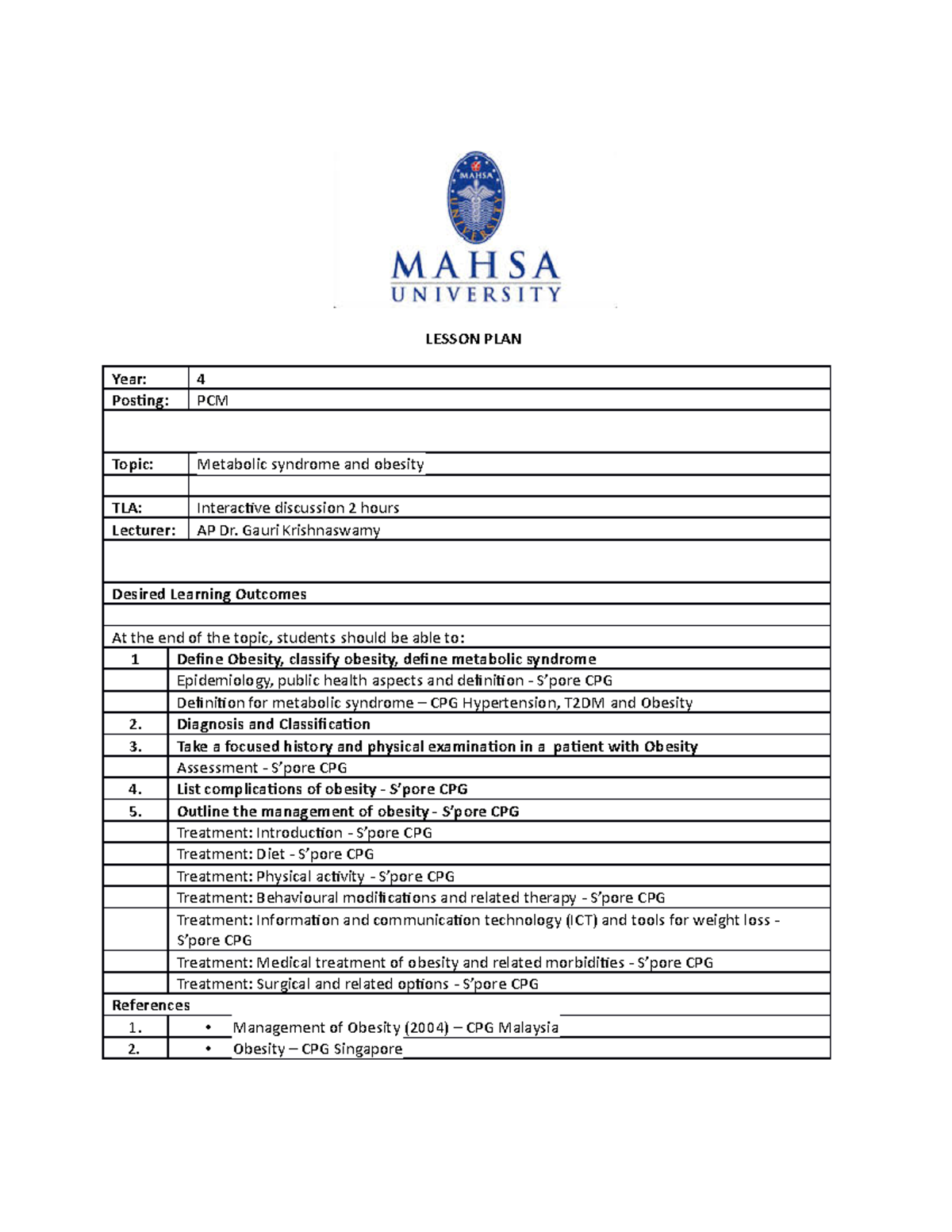 Sample lesson plan Obesity, metabolic syndrome - LESSON PLAN Year: 4 ...
