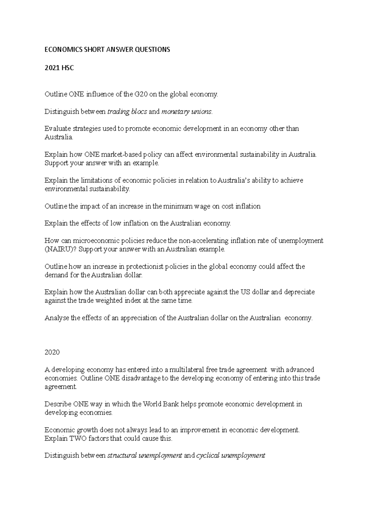 Economics Short Answer Questions Economics Short Answer Questions